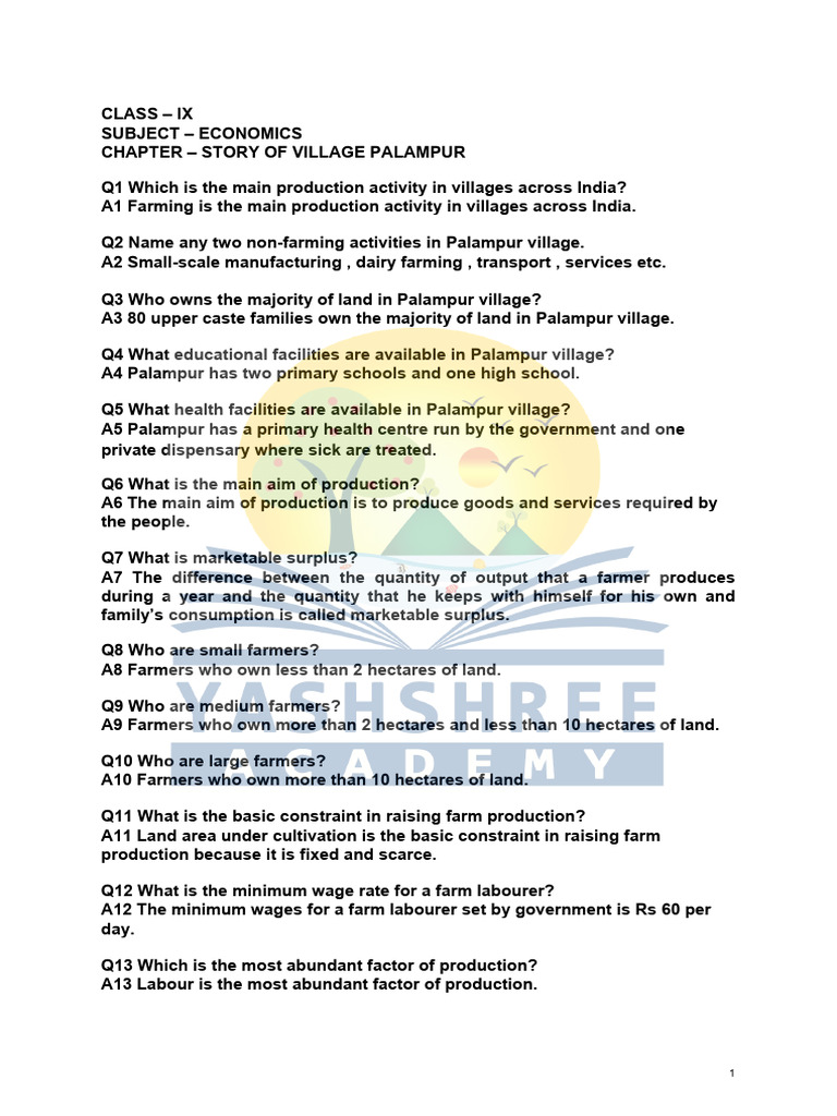 Grade 9 - SST - Economics - Ch1. The Story of Palampur | PDF