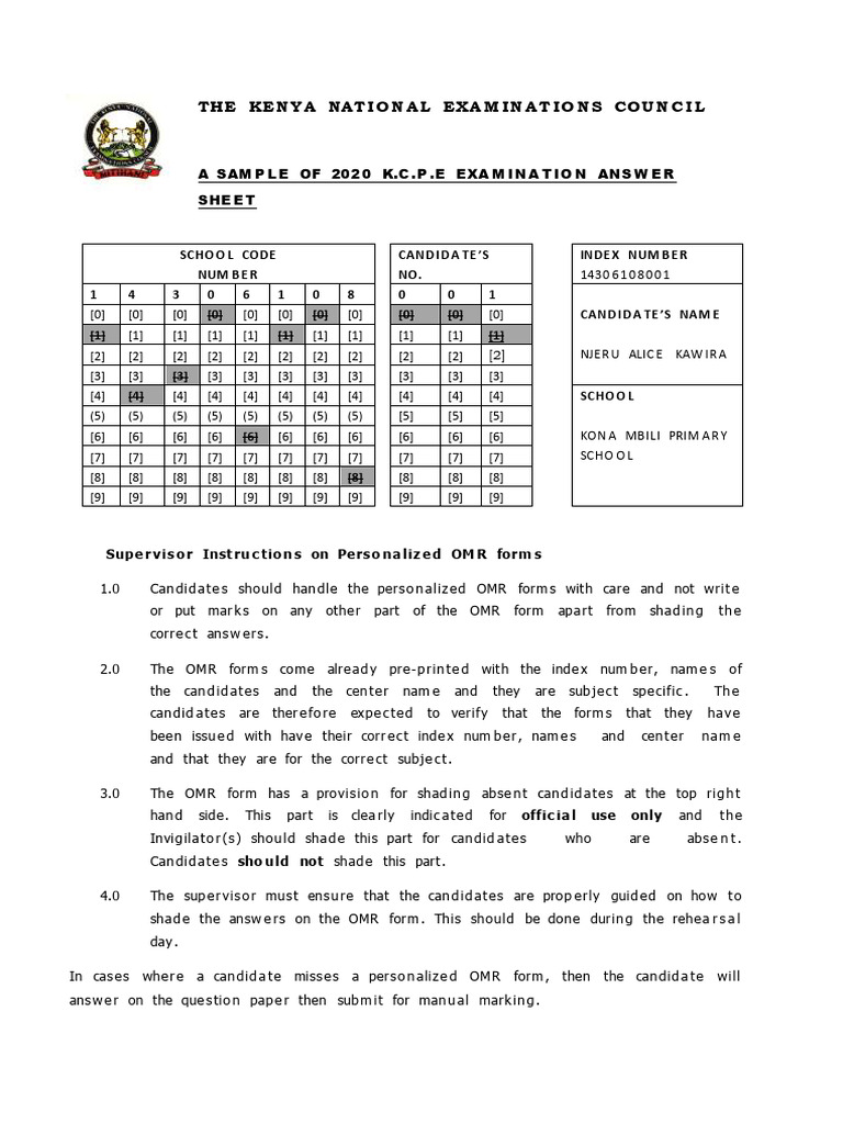 KCPE 2020 Sample Answer Sheet | PDF