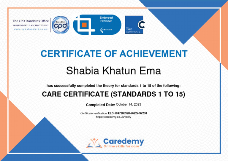 Shabia Khatun Ema Care Certificate Standards 1 To 15 Care Certificate ...