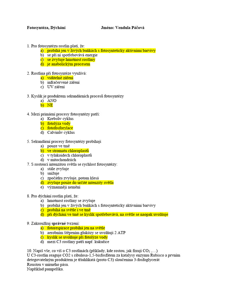Fotosynteza, Dychani Rostlin | PDF