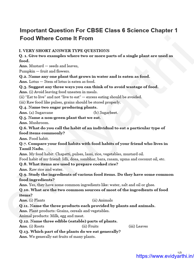 Important Question For Cbse Class 6 Science Chapter 1 Food Where Does ...