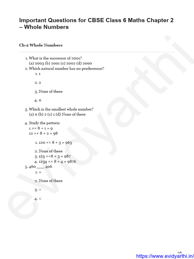 Important Questions For CBSE Class 6 Maths Chapter 2 Whole Numbers | PDF | Numbers | Meal