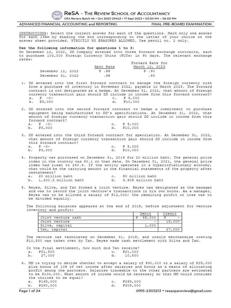AFAR Final Pre-Board Exam Review 2023 | PDF | Depreciation | Book Value