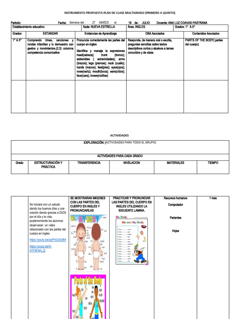 FORMATO PLAN DE AULA MULTIGRADO -INGLES | PDF