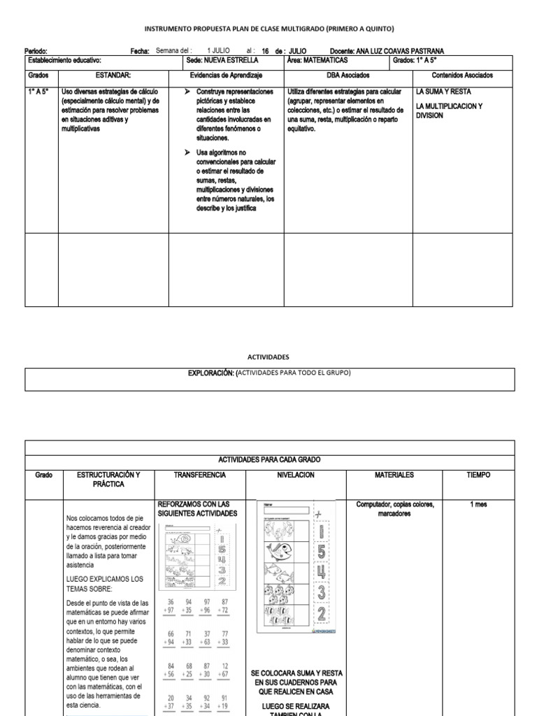 Formato Plan de Aula Multigrado Matematicas | PDF