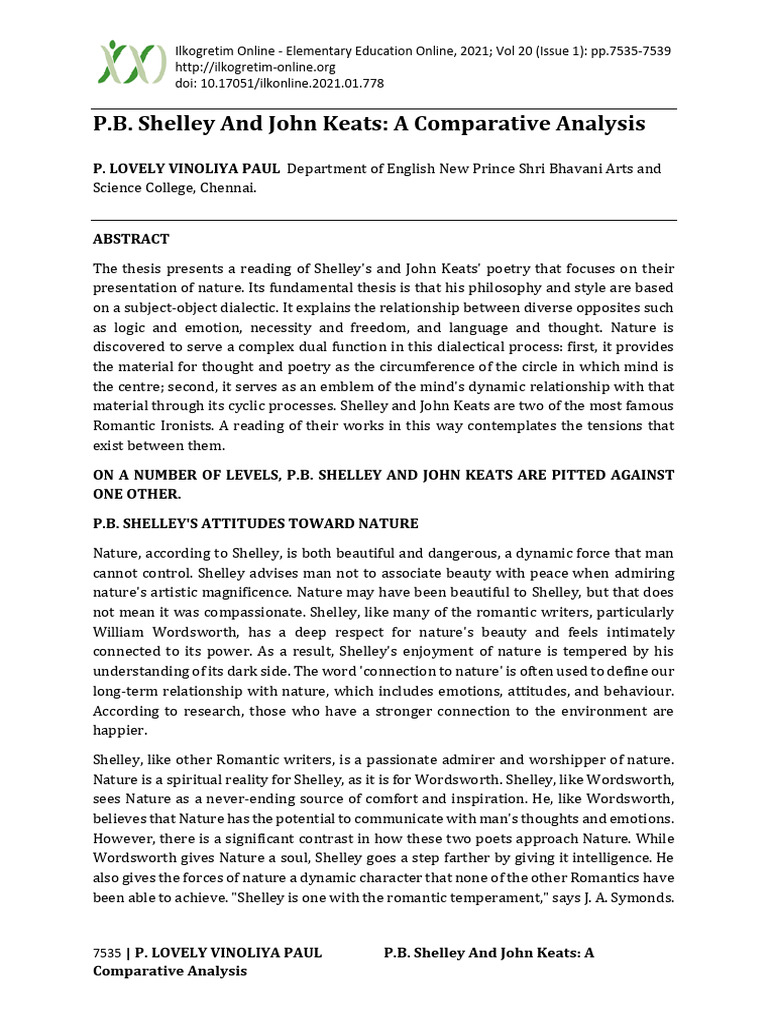 P.B. Shelley and John Keats: A Comparative Analysis | PDF | Poetry ...