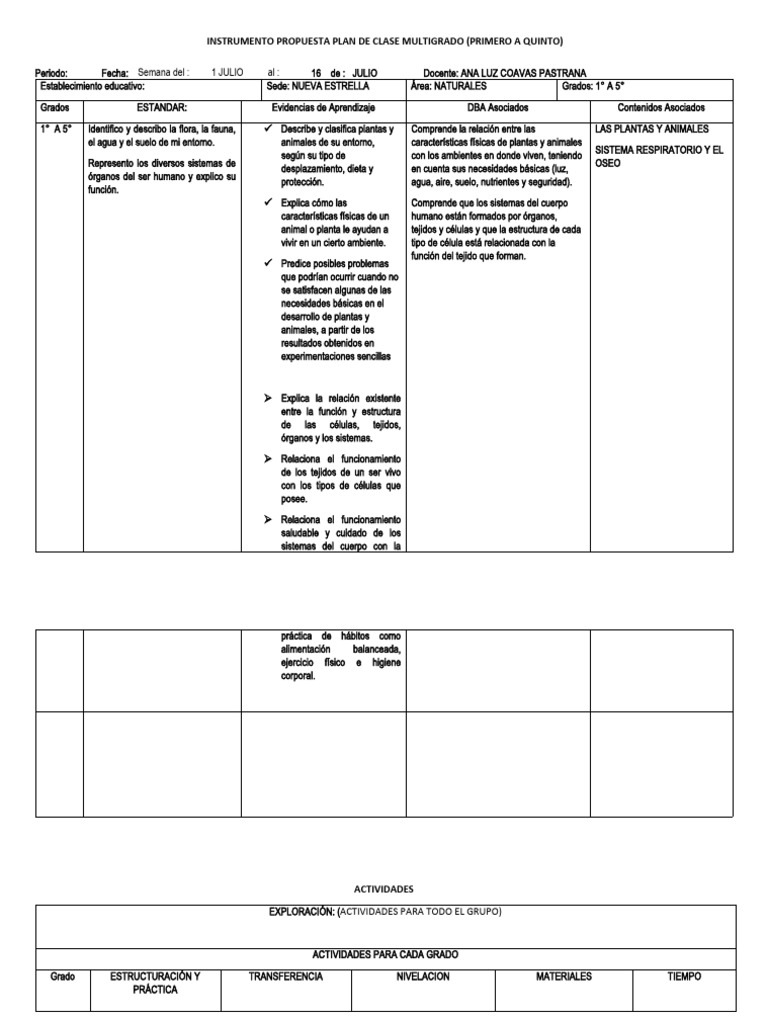 Formato Plan de Aula Multigrado - Naturales | PDF