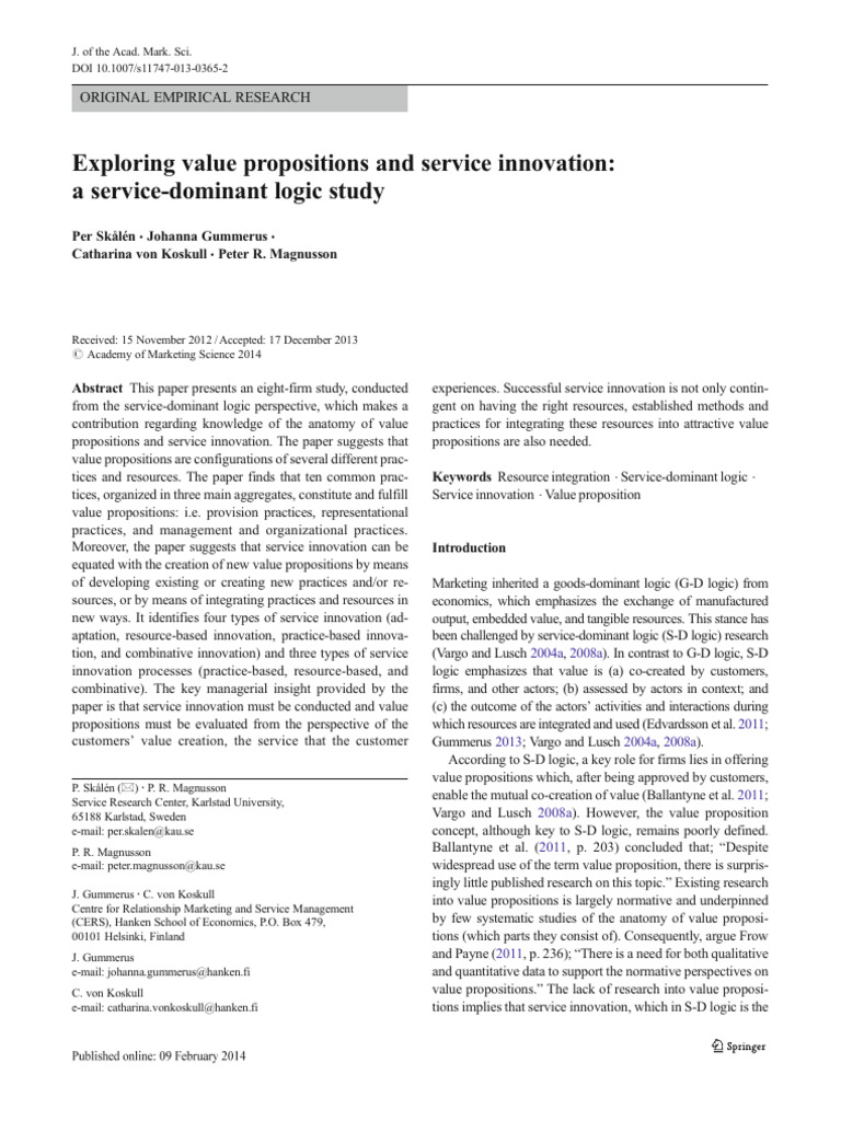 Exploring Value Propositions and Service Innovation: A Service-Dominant Logic Study | PDF ...