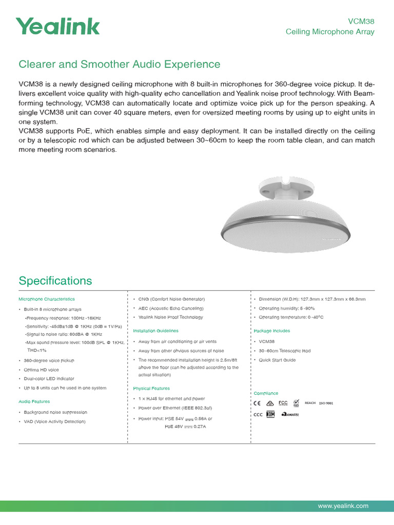 Yealink vcm38 Ceiling Microphone Array Datasheet 183013 | PDF