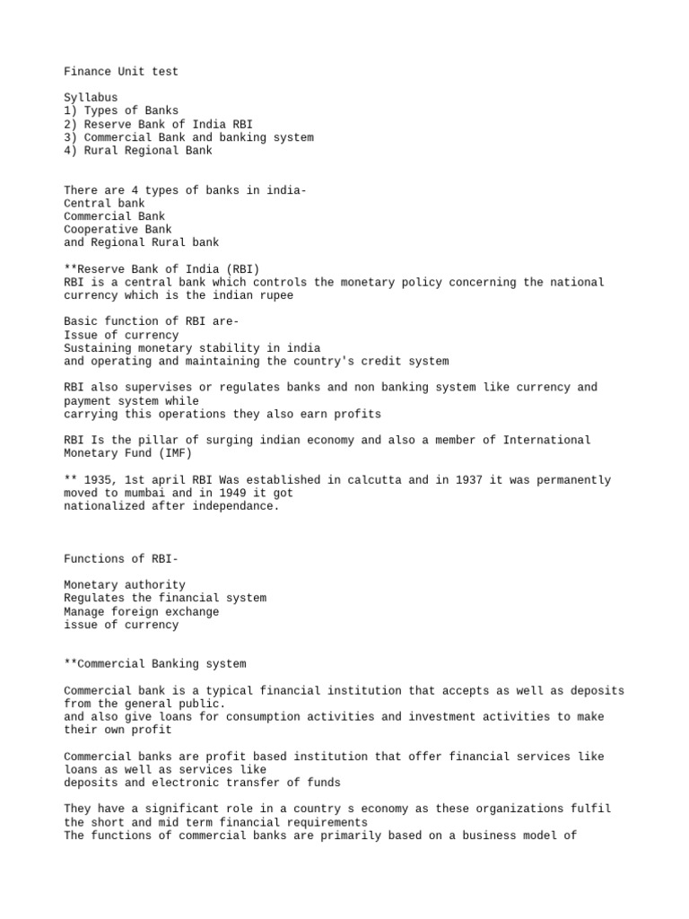 Finance Notes | PDF | Reserve Bank Of India | Banks