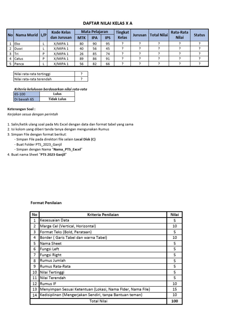 Format PTS Excel untuk Kelas X | PDF