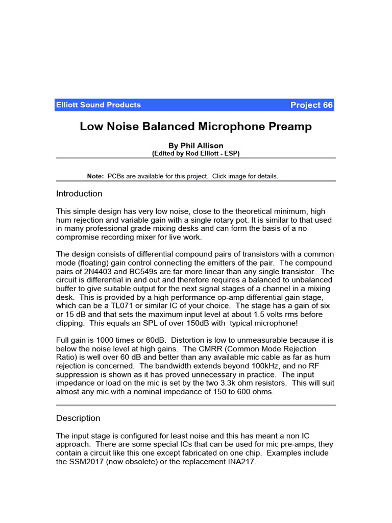 Low Noise Balanced Microphone Preamp | PDF