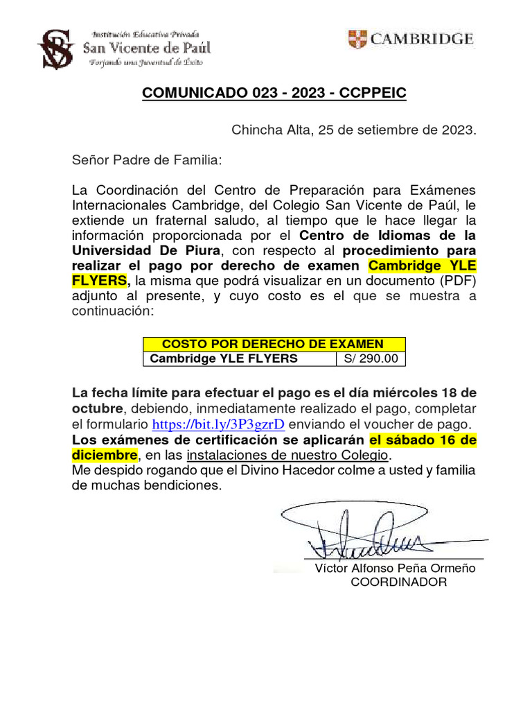 COMUNICADO 023 - CCPPEIC - CAMBRIDGE - YLE - A2 Flyers | PDF