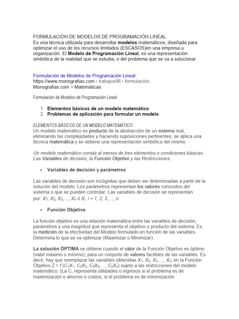 Formulacion Modelos de Programacion Lineal | PDF | Programación lineal | Matemáticas