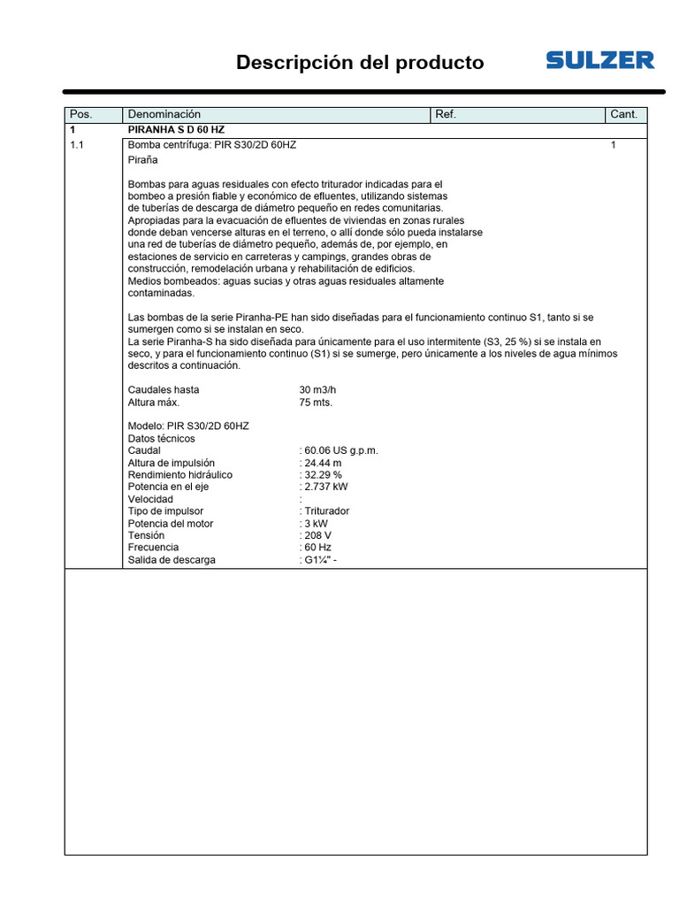 Curva - Piranha s30_2d 208v 60hz - Carcamo 2 | PDF | Bomba | Hidráulica