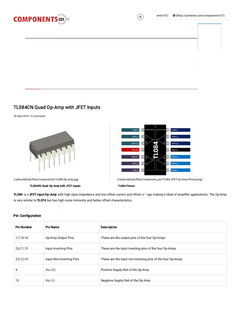 TL084 Op-Amp Pinout, Datasheet, Features & Equivalents | PDF