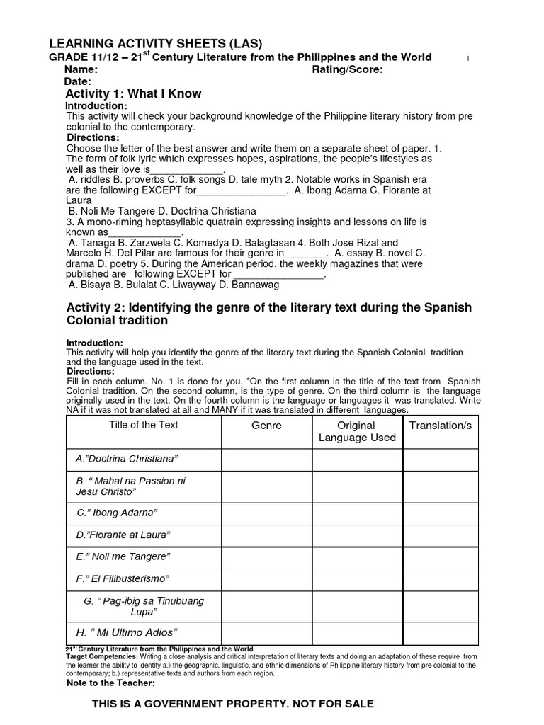 21ST Century Literature - Q3 - Las 1 | PDF | Philippines | Tagalog Language