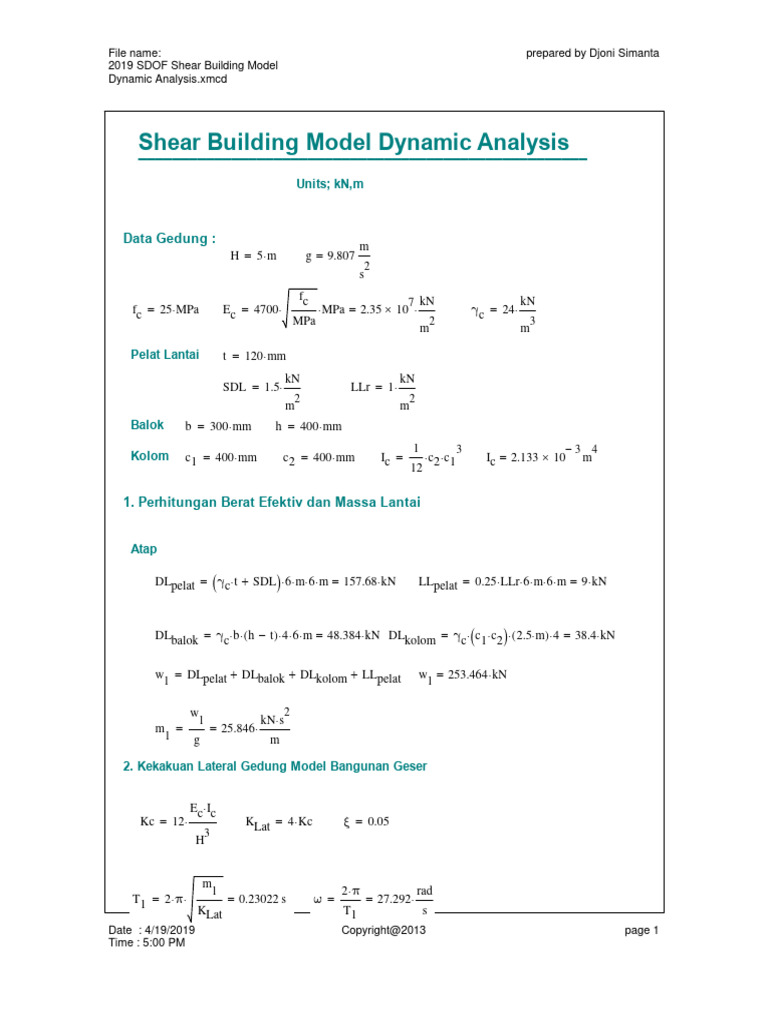 Mathcad - 2019 SDOF Shear Building Model Dynamic Analysis | PDF