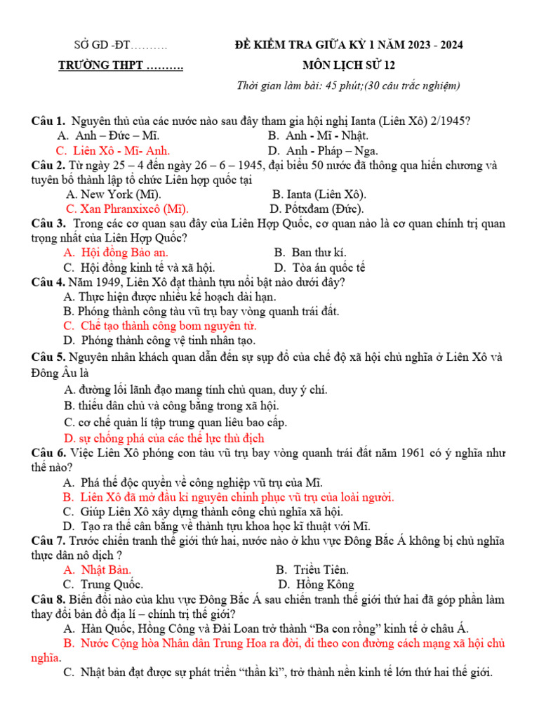 De Thi GHK 1 Lich Su 12 de 1 | PDF
