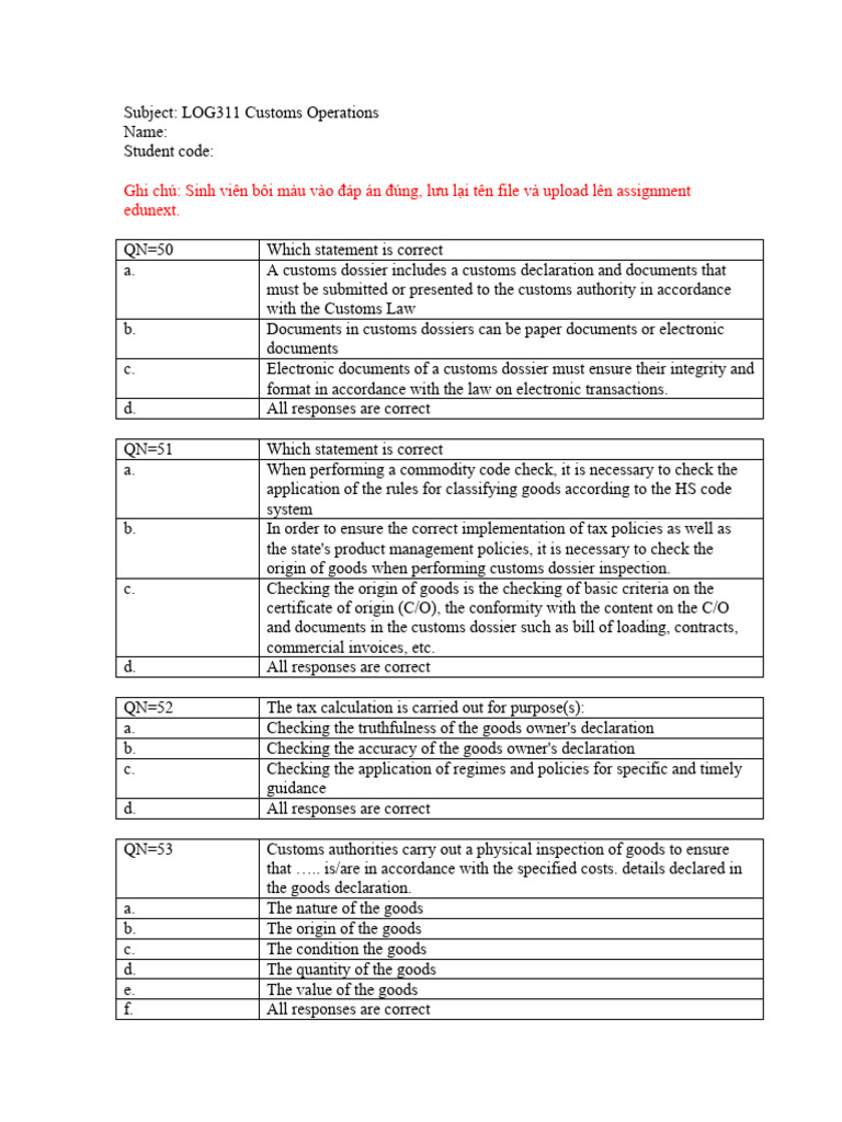 2023Jun20Quiz Tó Student - LOG311 - Customs Operations | PDF | Customs ...