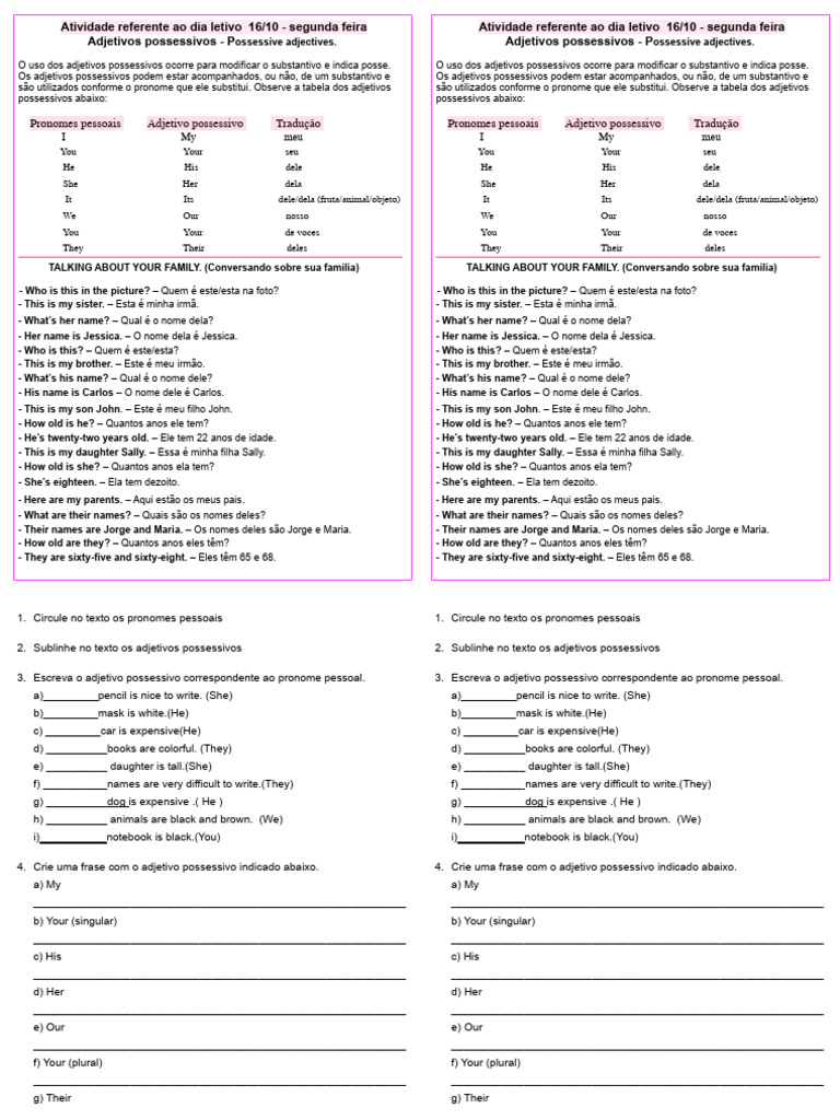 Atividades Referente Ao Dia Letivo 16 - 10 - Adjetivo Possessivo 10 de ...