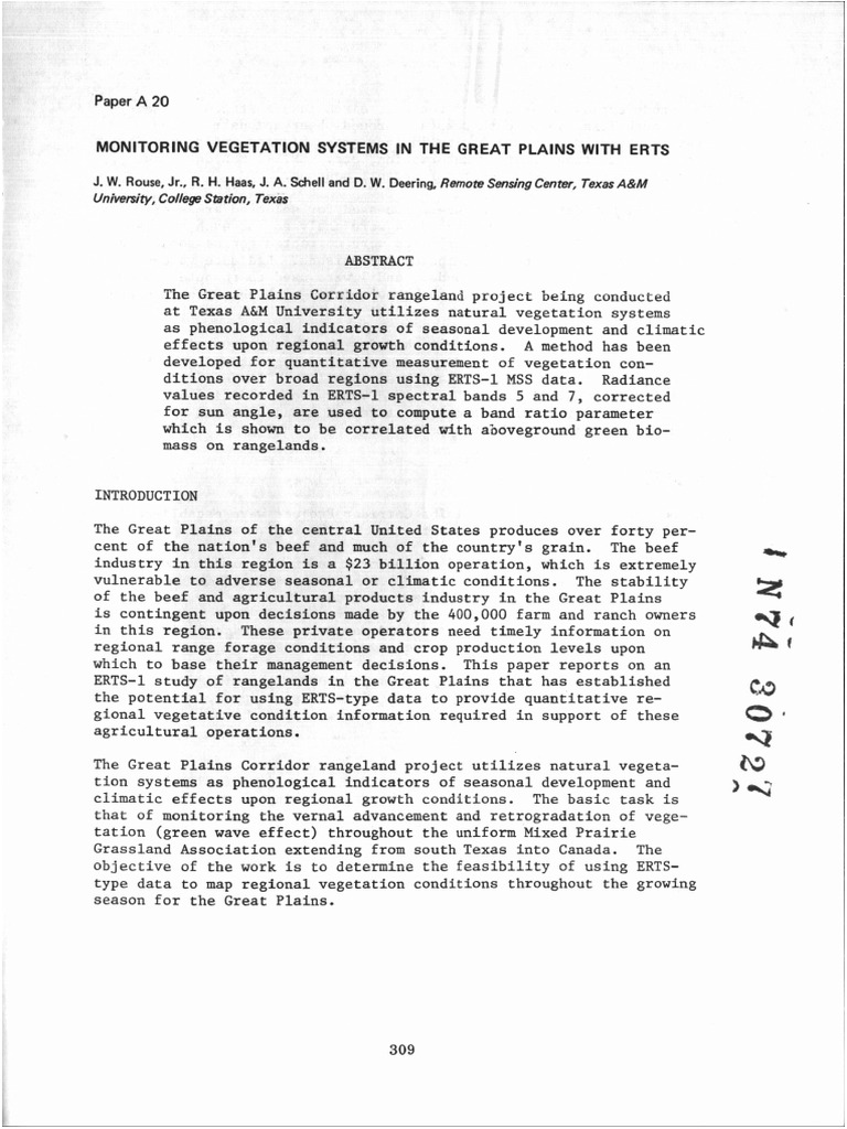 Rouse (1974) - MONITORING VEGETATION SYSTEMS IN THE GREAT PLAINS WITH ERTS | PDF | Great Plains ...