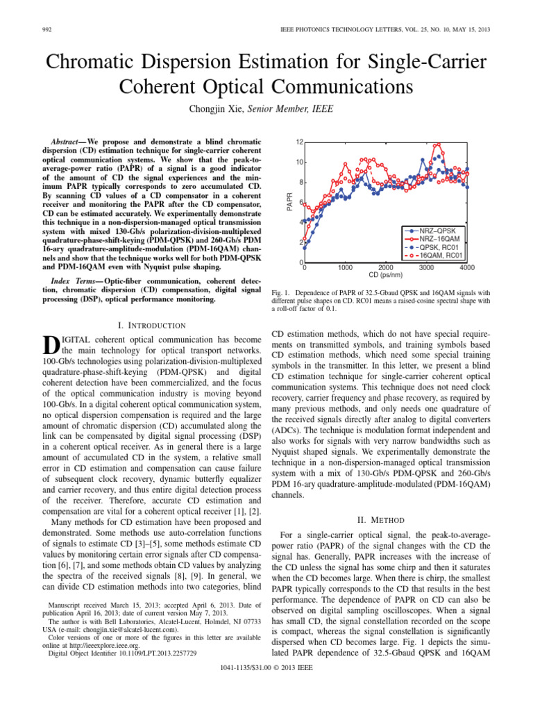 Chromatic Dispersion Estimation For Single Carrier Coherent Optical Communications Pdf