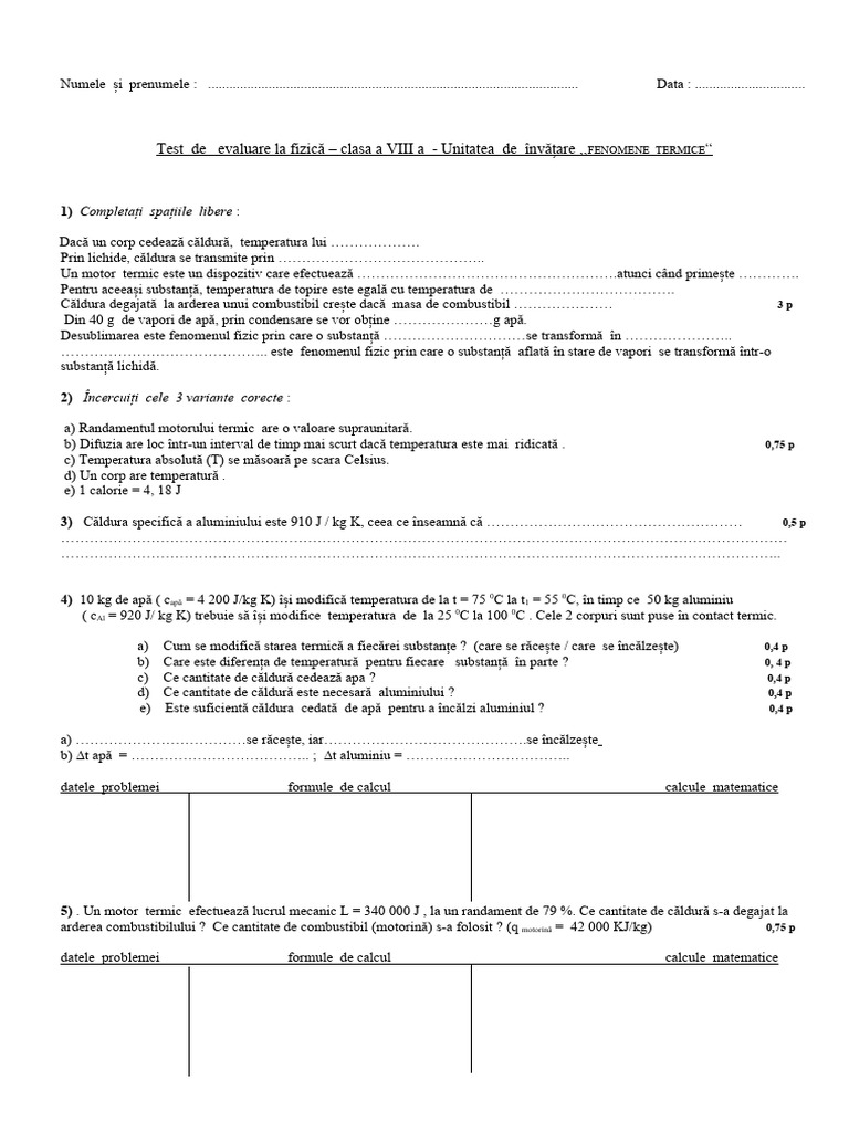 Didactic Test de Evaluare Fenomene Termiceclasa A VIII A | PDF