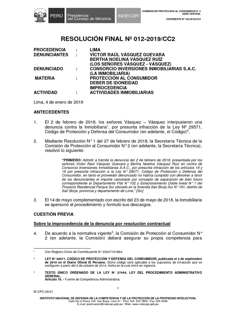 RESOLUCIÓN FINAL #012-2019/CC2: "PRIMERO: Admitir A Trámite La Denuncia Del 2 de Febrero de 2018 ...