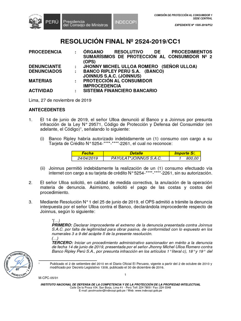 RESOLUCIÓN FINAL #2524-2019/CC1: Fecha Detalle Importe S | PDF