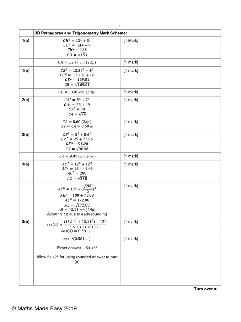 3D-Pythagoras and Trigonometry Answers | PDF | Elementary Mathematics | Classical Geometry