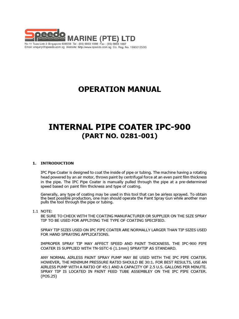 Internal Pipe Coater (Ipc900) Operation-Part List Manual 0281-001rev140720 1594718407 | PDF ...
