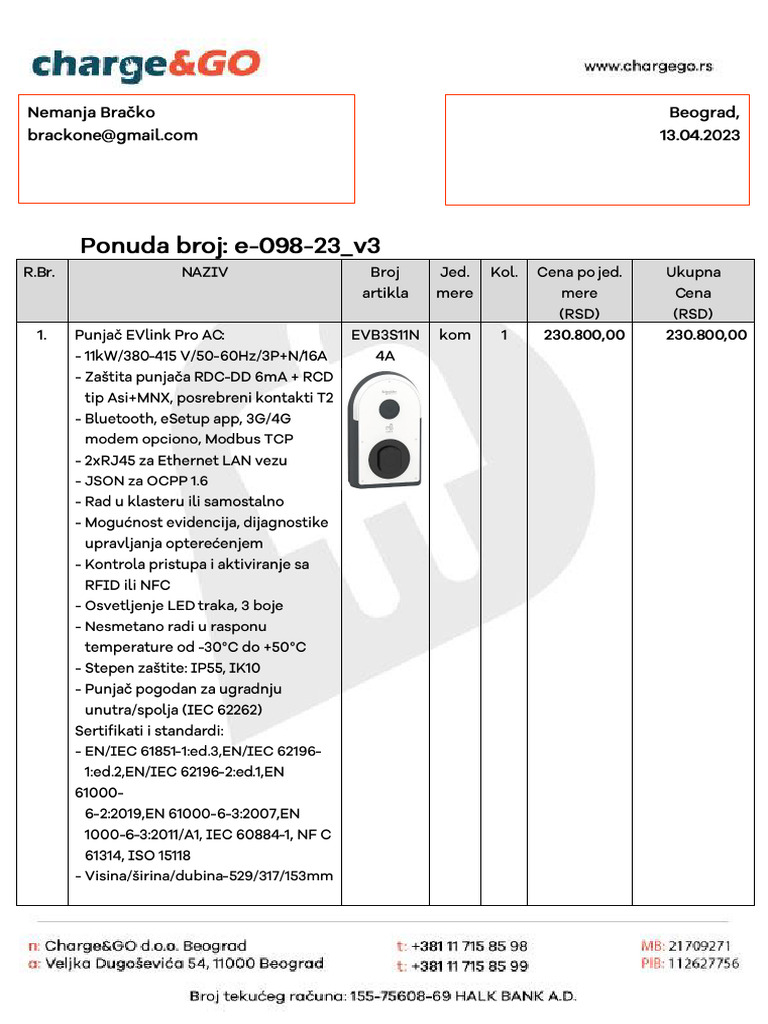 ChargeGO ponuda br. 098-23_v3 - Nemanja Bračko PRO AC 11kW | PDF