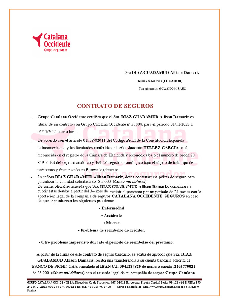 Contrato de Seguro de Préstamo Bancario Para DIAZ GUADAMUD Allison ...