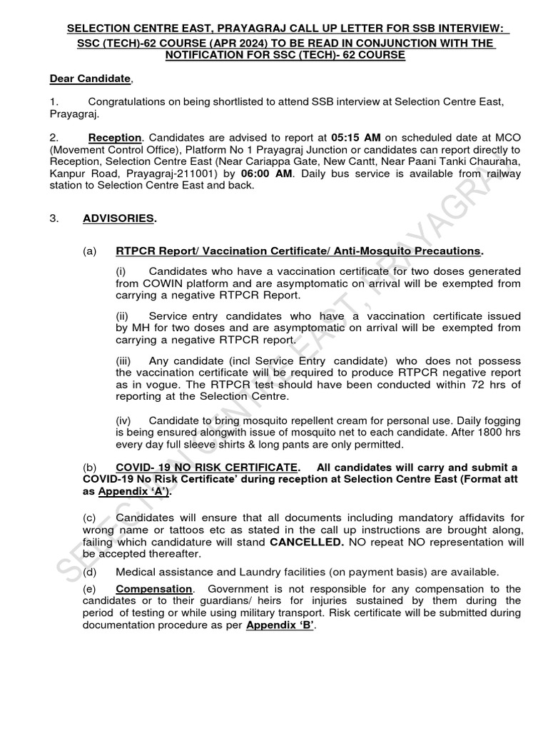 Call Up Letter Sce Prayagraj For SSC Tech 62 Apr 2024 Course | PDF