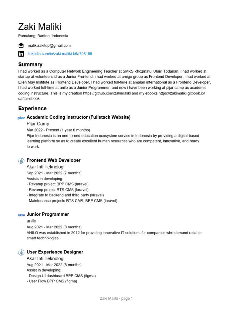Resume Zaki Maliki | PDF