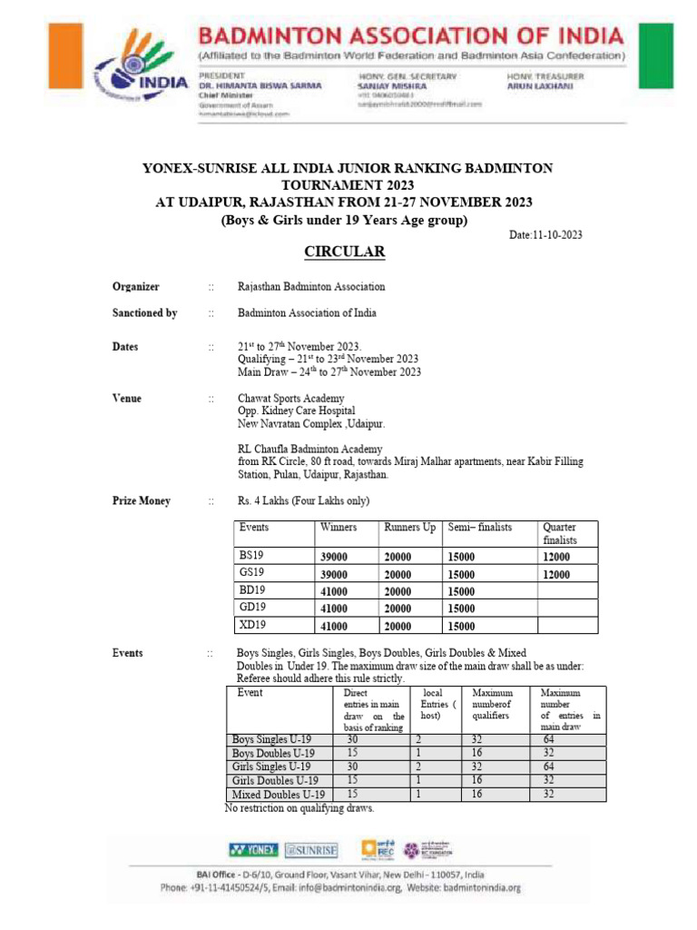 BAI Circular - Yonex Sunrise All India Junior Ranking 2023 at Udaipur | PDF