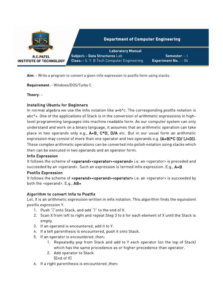 Lab Manual 6 Implemenation of A Program To Convert A Given Infix Expression To Postfix Form ...
