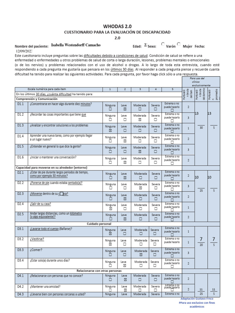 Whodas 2.0 Cuestionario para La Evaluación de Discapacidad - Iw | PDF