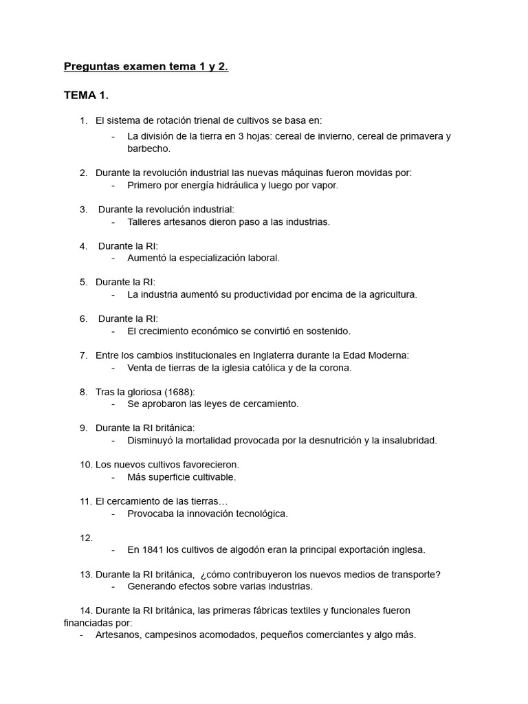 Preguntas Resueltas Examen Historia Temas 1-2 | PDF | Revolución industrial | Agricultura