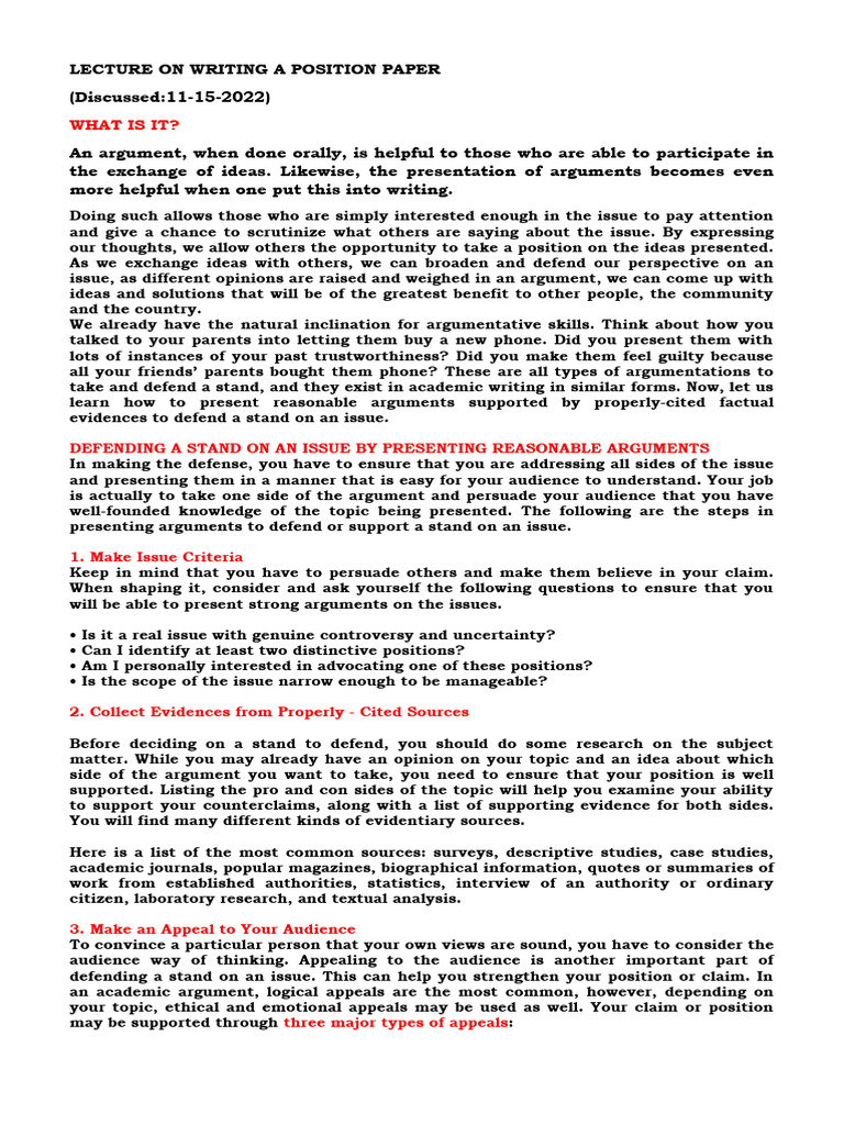 Lecture On Writing A Position Paper | PDF | Career & Growth