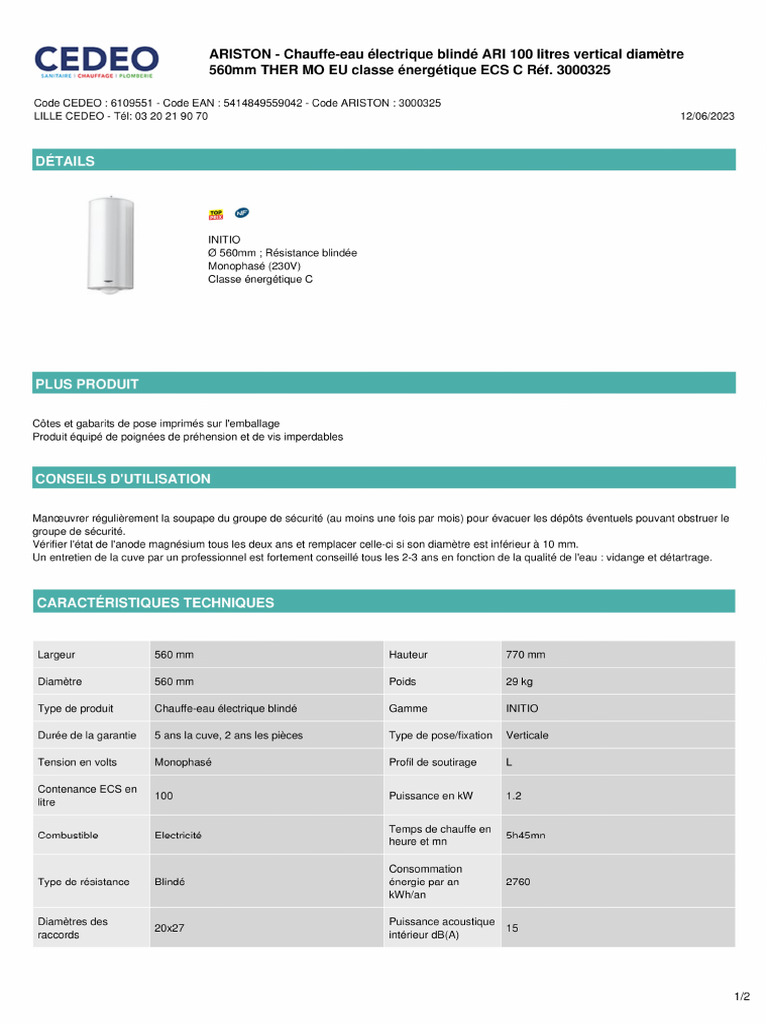 Ballon ECS - 100L - ARISTON - Sans - Prix | PDF