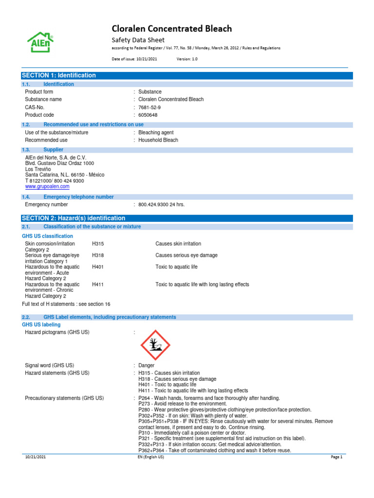 SDS 6050648 Cloralen Concentrated Bleach | PDF | Toxicity | Dangerous Goods
