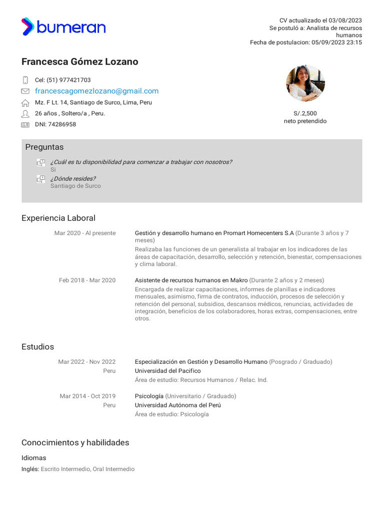 Analista de Recursos Humanos CV Francesca Gómez Lozano | PDF | Gestión de recursos humanos | Perú