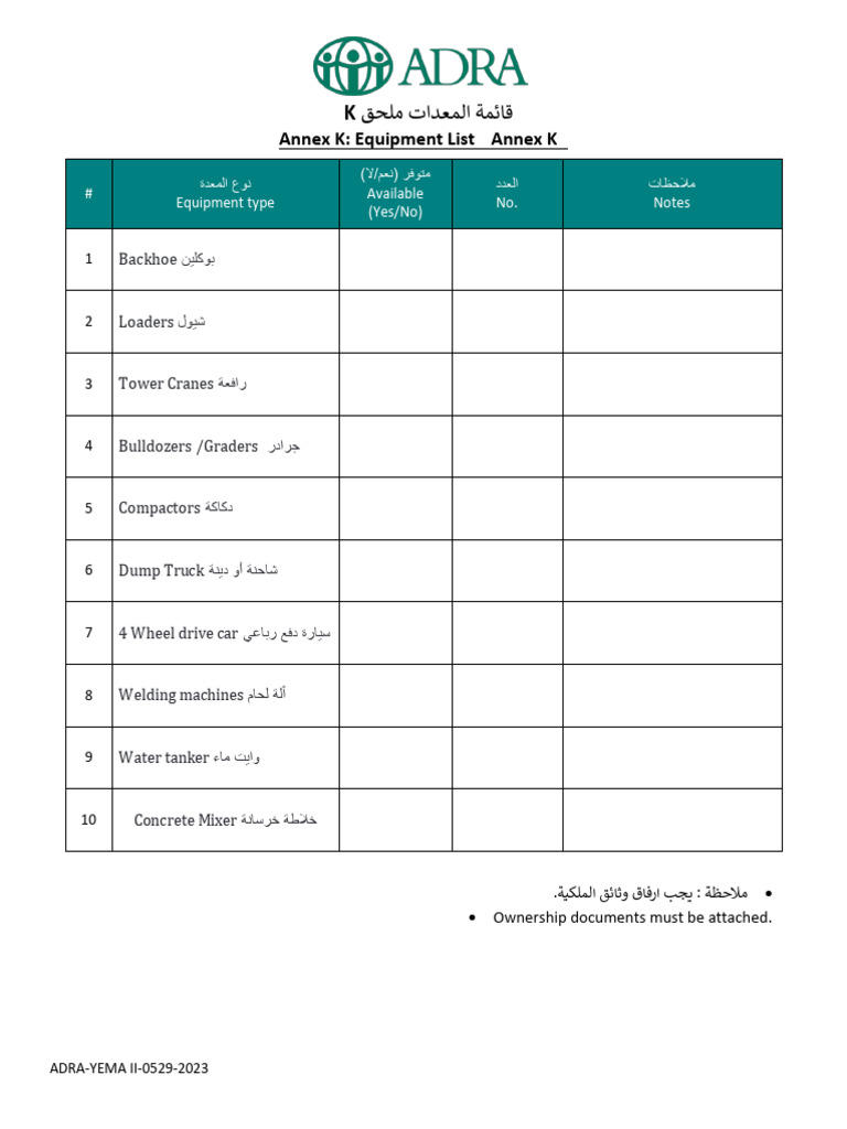 Annex K Equipment List - ADRA-YEMA II-0529-2023 | PDF