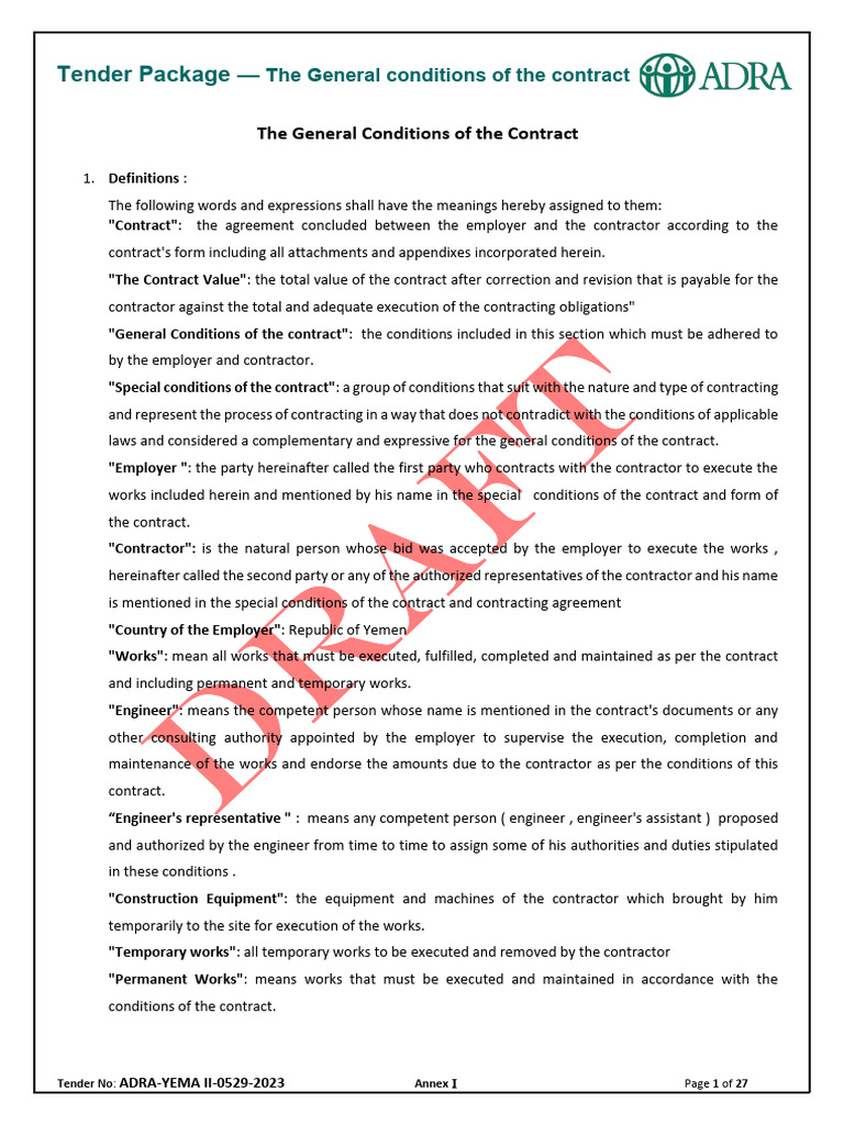 Annex I General Conditions of Contract - Tender No ADRA-YEMA II - 559-2023 | Download Free PDF ...