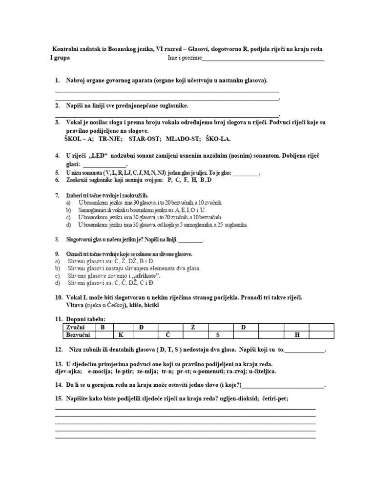 Kontrolni Zadatak Iz Bosanskog Jezika Glasovi 6. Razred | PDF