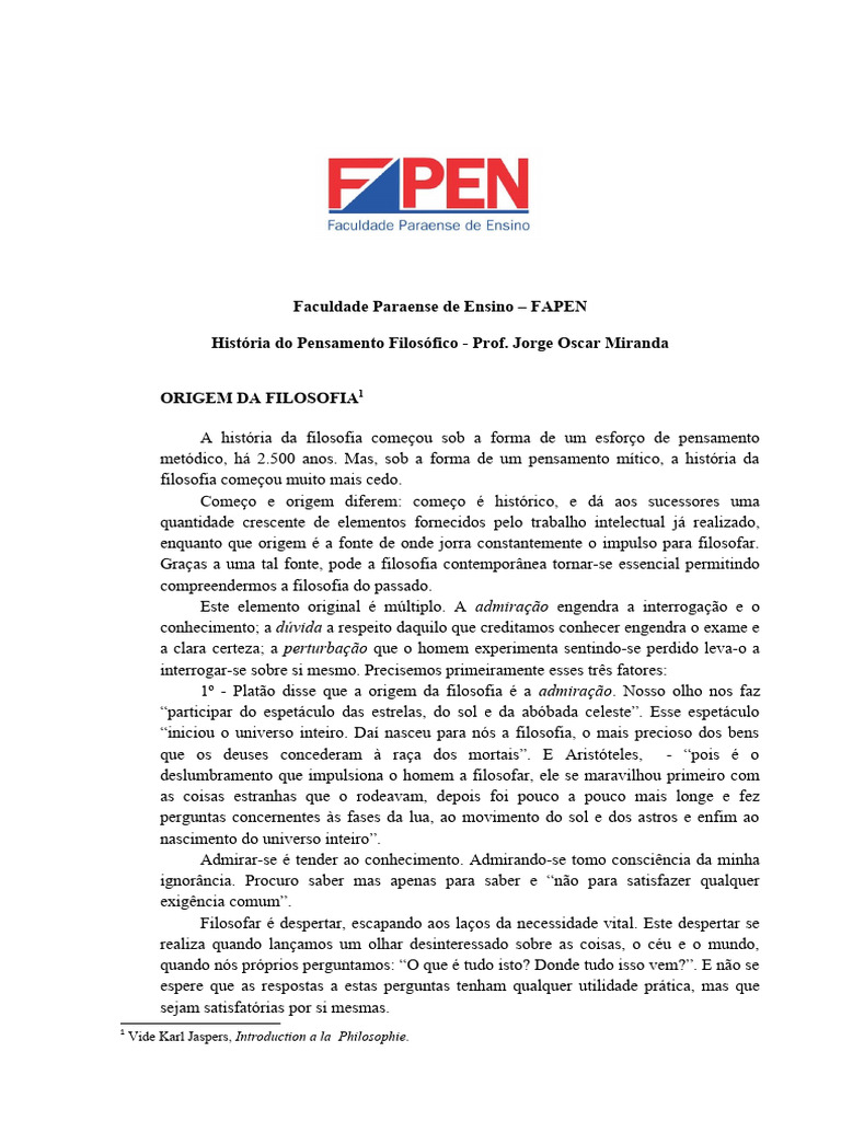 História Do Pensamento Filosófico - Origens Da Filosofia e para Que ...