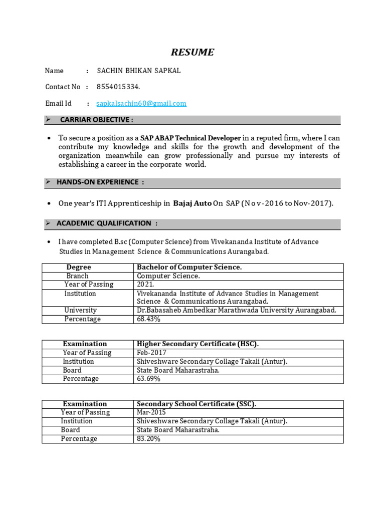 Sachin SAP ABAP Resume-1 | PDF | Systems Engineering | Computer Engineering