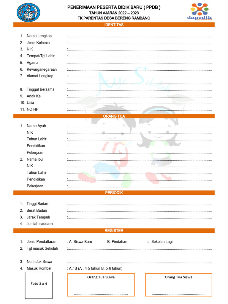 Formulir Pendaftaran Siswa PAUD TK KB TPA DOC Tahun Ajaran 2019 2020 ...